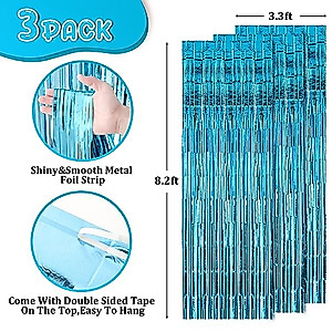 3 Pack Foil Fringe Backdrop Curtains - Light Blue Tinsel Streamers for Birthday Graduation Class Disco Bachelorette New Year Party Decorations