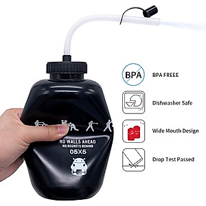 SHOKE Long Straw Water Bottle Hockey Boxing 1 Liter Water Bottle Football BPA Free Squeeze Leak Proof Sports Water Bottles for Baseball Lacrosse Cycling Sport Large Capacity 32 Oz/1 Liter-Black