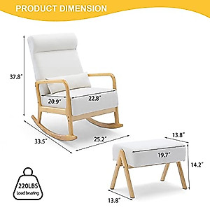 HOMREST Glider Chair with Ottoman,High Backrest for Nursery, Upholstered Fabric Indoor Rocking Armchair with Lumbar Pillow for Living Baby Room(White)