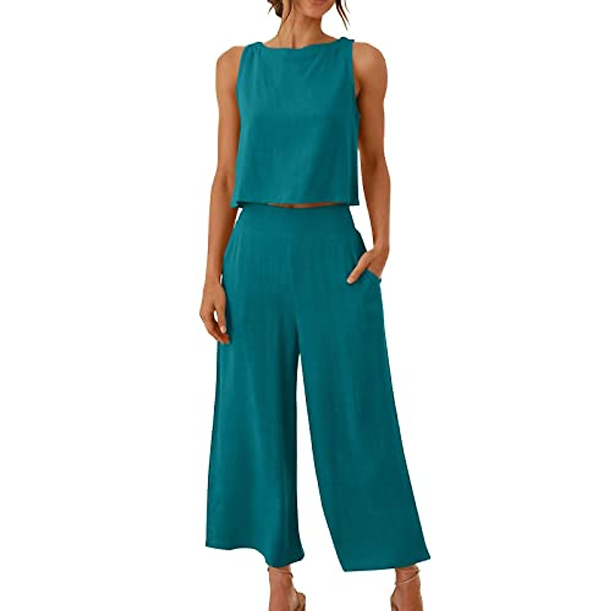 JDHUFEI Summer Sets for Women 2023 Fashion Vacation Outfits for Women Solid Color Blouse and Loose Wide Leg Pants Set