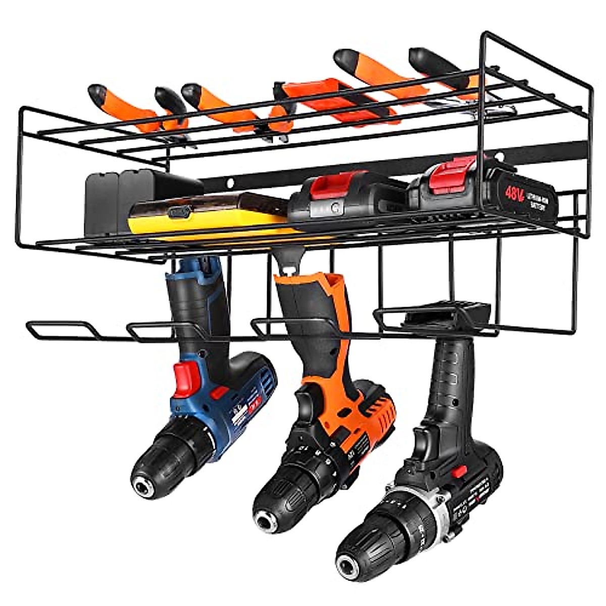 Soldow Power Tool Organizer Drill Storage Rack, Heavy Duty Floating Tool Shelf Wall Mounted, Cordless Drill Holder Hanging Steel Rack for Tools Storage Garage, Pegboard, Plank, Cement Wall