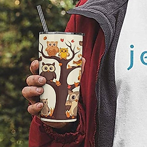 ZXDSKGYN 20 Oz Tumbler With Straw Leak Proof Thermos Cup, Cartoon Family Owls On The Brown Tree Stainless Steel Insulated Travel Coffee Mug Fit for Car Cup Holder