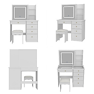 ROMSHINE Vanity Desk with Mirror and Lights, Makeup Vanity Desk with Sliding Mirror, Glass Desk-Top and Lights in 3 Colors Modes, White Vanity Table and Chair Set with 5 Drawers, Glass Top