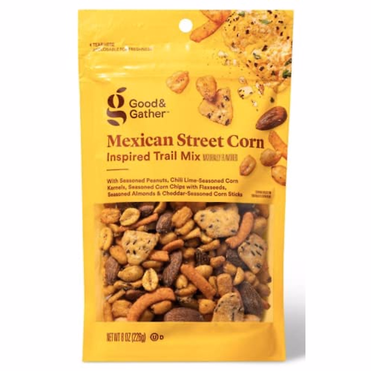 H&J Good & Gather Mexican Street Corn Inspired Trail Mix. With Seasoned Peanuts, Chili Lime Seasoned Corn Kernels, Corn Chips with Flaxseeds, Almonds & Cheddar Seasoned Corn Sticks. 8 Oz. (1Pack)