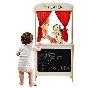 labebe - Wood Puppet Theater, Flannel Curtain Puppet Stage Theater, 2-Sided Tabletop Puppet Stage Chalkboard, 2-in-1 Puppet Theater Reversible Play Store, Multi-Function Theater for Ages 3 and up