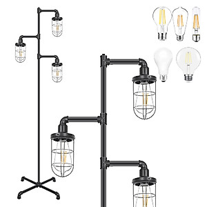CONCA Steampunk Three Head Floor lamp, Tree Industrial Floor lamp, Rustic Edison Bulb, cage Shade Floor lamp (Black)