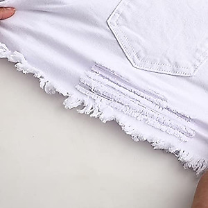 THUNDER STAR Women Mid Rise Ripped Stretchy Jeans Shorts Frayed Raw Hem Casual Denim Shorts White1# L