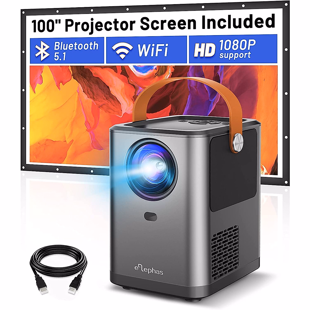 [2022 Upgraded] Mini WiFi Bluetooth Projector, ELLEPHAS 1080P Full HD Supported Movie Projector, Home Theater Projector with 100" Projector Screen & Zoom, Compatible with Android/iOS/PC/TV Stick/PS4