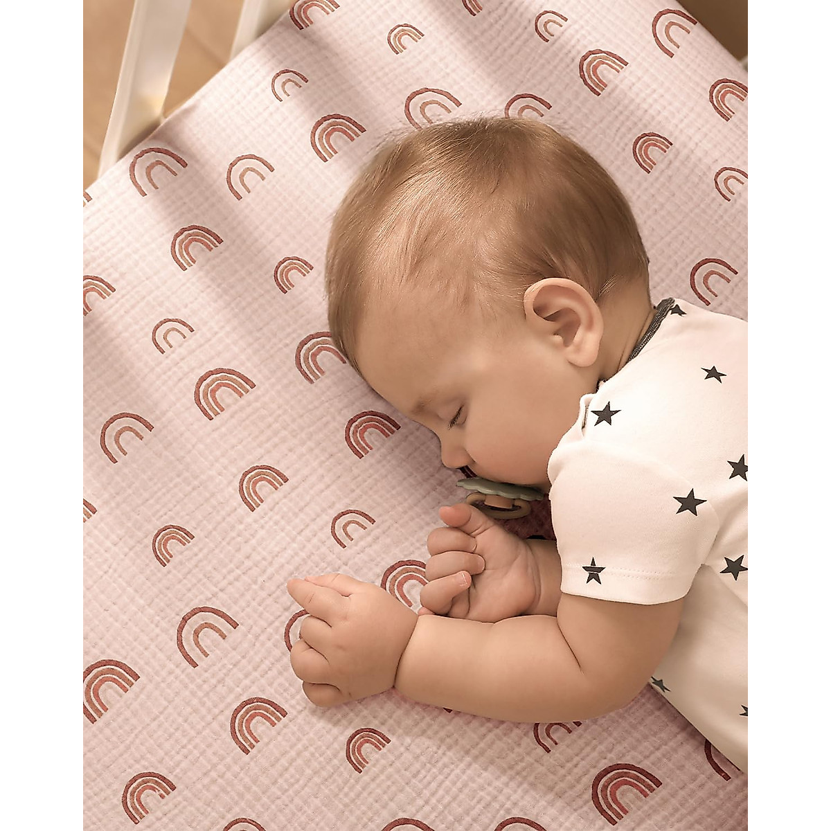 Muslin Crib Sheets Girl, Cotton Neutral Crib Sheet for Baby Girls and Boys, Fitted for Standard Crib Mattress & Toddler Bed Mattress (52"x28"), Soft and Breathable, 2 Pack (Rainbow&Cedar)