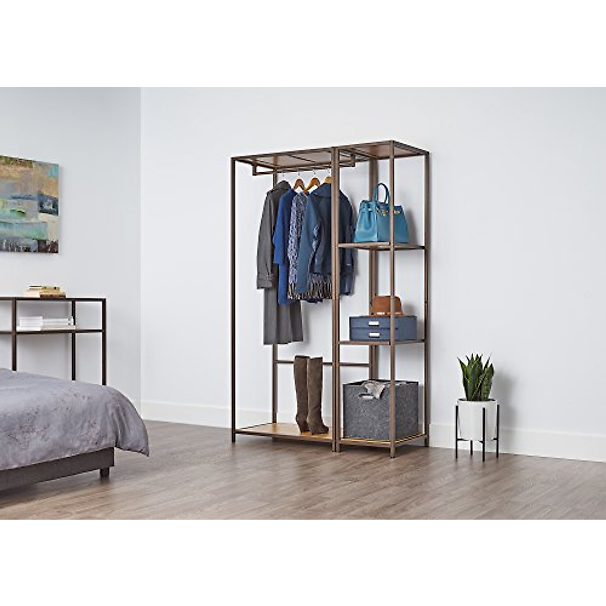 Trinity Garment Rack with Bamboo Shelves and 4-Tier Shelf Tower for Clothing Storage, Closet Organization for Home with Decorative Book Shelf and Display Stand, Bronze