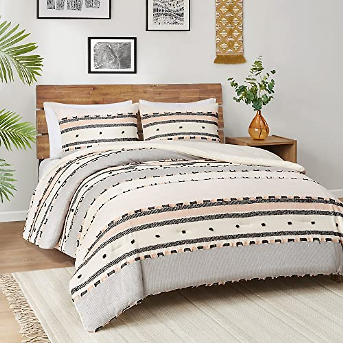 Hyde Lane Boho King Comforter Set ，Modern Farmhouse Tufted Bedding Sets, Cotton Top with Neutral Rustic Style Clipped Jacquard Stripes, 3-Pieces Including Matching Pillow Shams (104x90 Inches)