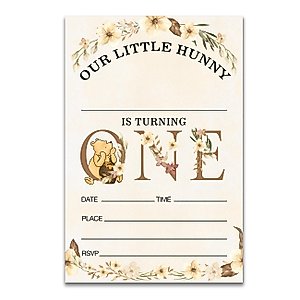 Dolimifa Floral Winnie the Pooh 1st Birthday Invitations Fill in Style Classic Our Little Hunny Honey Bear Winnie 1st Birthday Invites, 20 Count With Envelopes