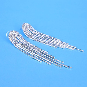 Mlouye Long Crystal Tassel Earrings Fringe for Wedding Women Bridal Dangling Chain Dangle Drop Earring Silver Tone Clear