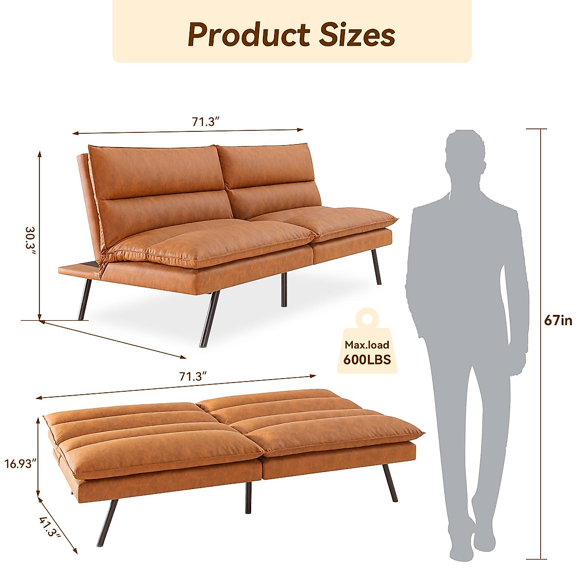 Hcore Convertible Sleeper Futon Couch,Small Splitback Modern Sofa Sofabed, Light Brown