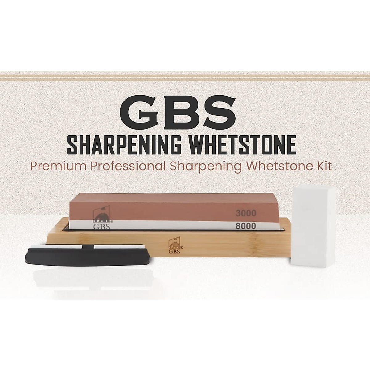 G.B.S Whetstone Knife Sharpening Stone 2 Sided Grit 3000/8000 Waterstone and Black Luxury Shaving Kit - Wood Straight Razor, Mug, Natural Soap, Brush, Alum block, Strop and Paste