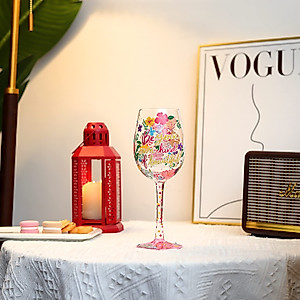 NymphFable Hand Painted Wildflowers Wine Glasses Birthday Wine Glass Birthday Gift for Women with Personalised Gift Box, 15oz