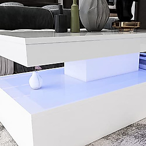 SUCXDZQ Modern Coffee Table with RGB LED Light, High Gloss Coffee Table with Remote Control for Living Room, White