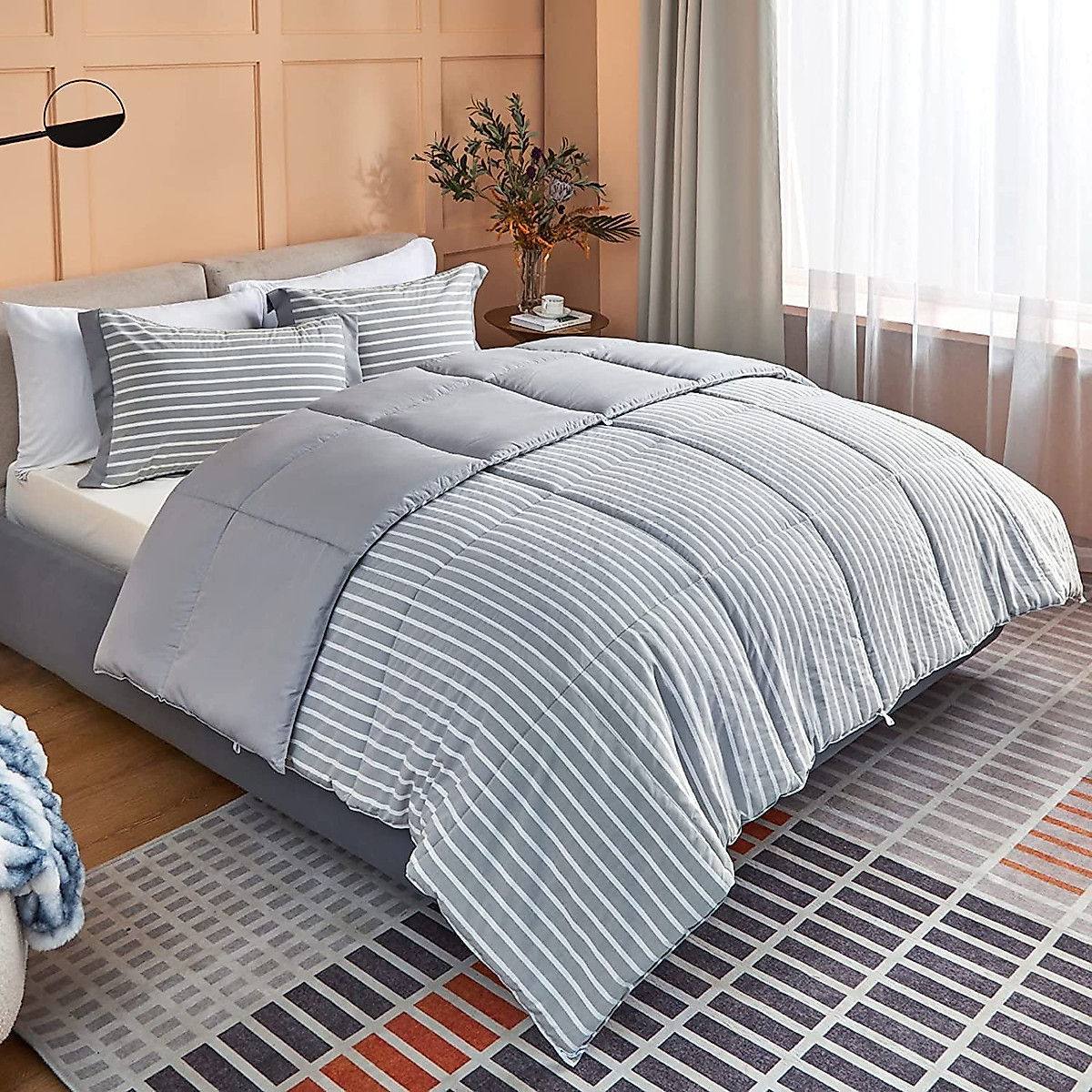 Bedsure Queen Size Comforter Set - Percale Stripes Down Alternative Grey Comforter Sets Box Stitching Gray Duvet Insert, All Season Bed Set with 2 Pillow Shams (Queen/Full, 88x88'', 3 Pieces)
