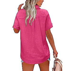 HOTOUCH Linen Shirt Women Pink Button up Shirt Oversized Button Down for Women Business Attire Watermelon Pink L