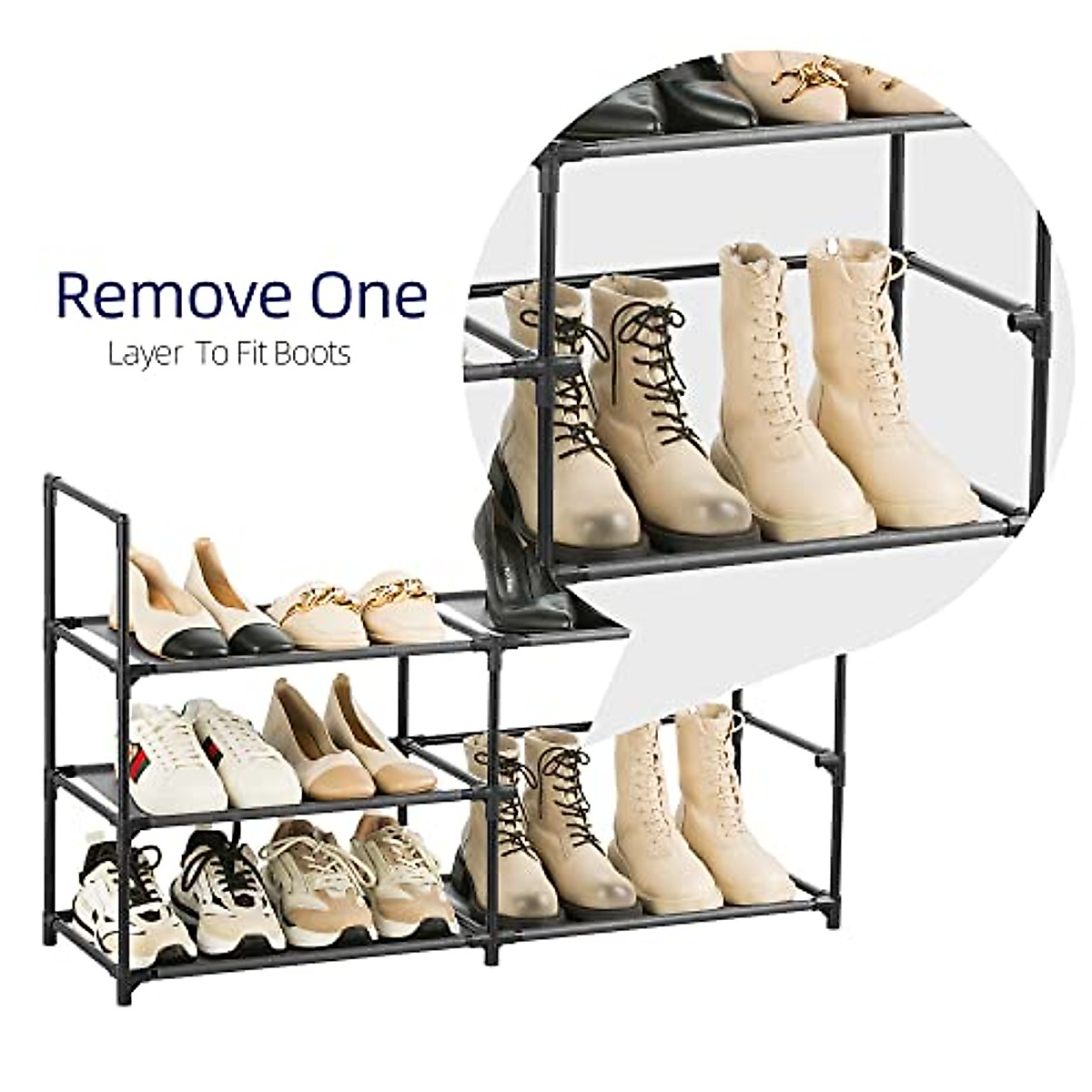 HODYANN 3 Tiers Shoe Rack, 12-15 Pairs Shoe Rack Organizer, Space Saving Non-Woven Fabric Metal Shoe Shelf, Stackable Shoe Rack for Closet, Black (Black3-D)