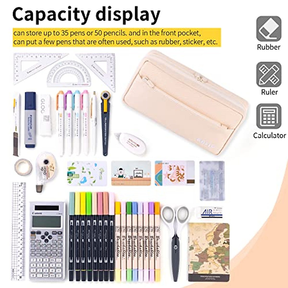 EASTHILL Big Capacity Pencil Case Pencil Pouch School Supplies for College Students Office Simple Stationery Pencil Holder Bag Teen Girls Women-Beige