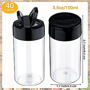 Mimorou 40 Pack Plastic Spice Jar with Shaker Seasoning Containers 3.5 oz Container Black Lids Jars for Kitchen Storing Powder
