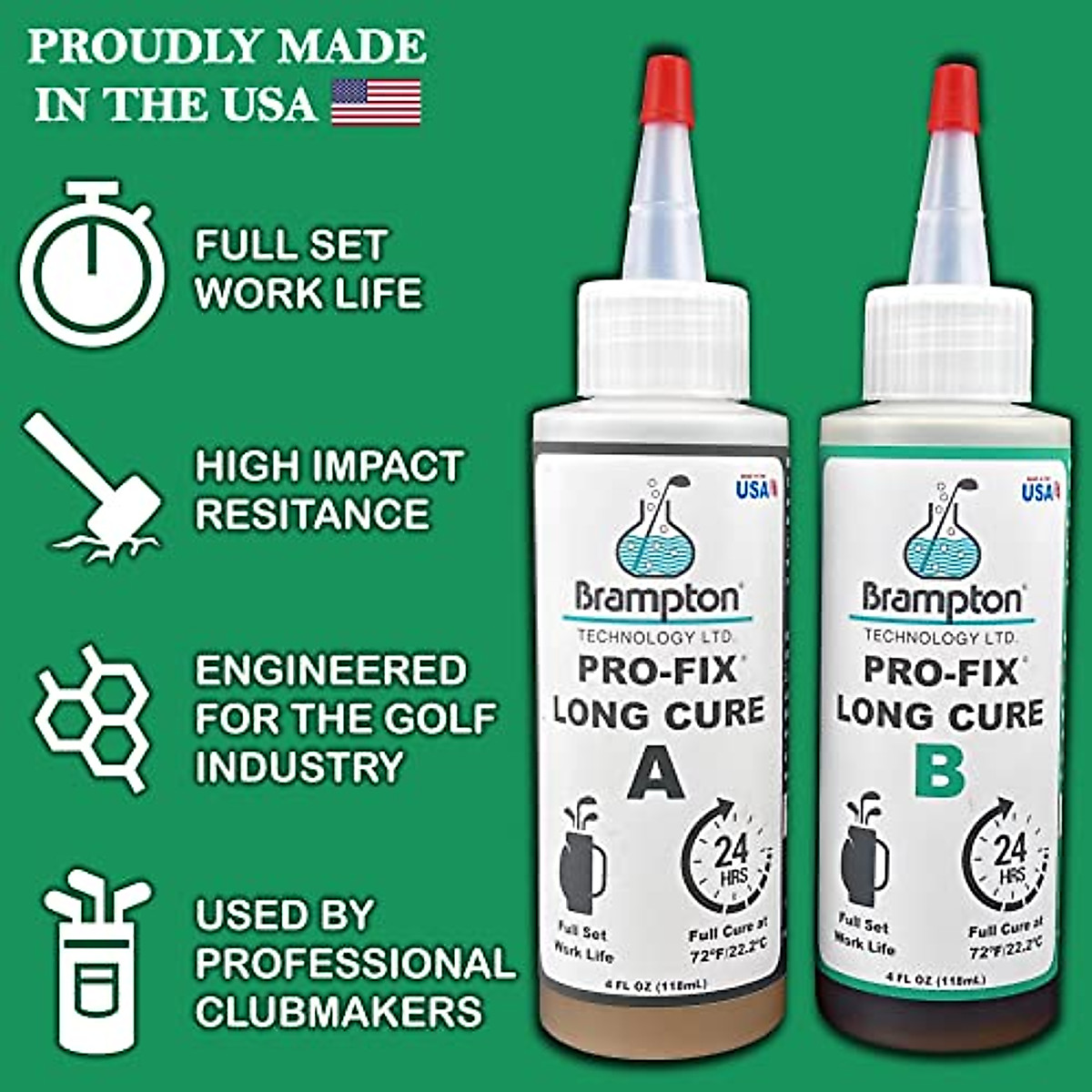 Brampton PRO-FIX Long Cure Golf Epoxy - Full Set Work Life - Extra Strength - Golf Epoxy for All Golf Shafts, Golf Heads, Drivers, Putters, and Irons - Engineered for The Golf Industry (8 oz Kit)