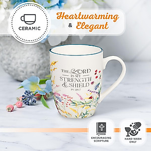 Christian Art Gifts Inspirational Ceramic Coffee & Tea Scripture Mug for Women: Lord is My Strength Encouraging Bible Verse Psalm, Cute Microwave & Dishwasher Safe Cup, White Multicolor Floral, 12 oz.
