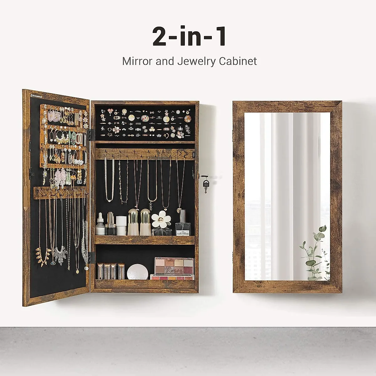 SONGMICS Lockable Jewelry Cabinet Armoire with Mirror, Wall-Mounted Space Saving Jewelry Storage Organizer, Rustic Brown UJJC051K01