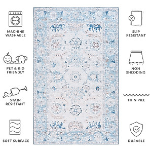 SAFAVIEH Tucson Collection Area Rug - 4' x 6', Blue & Beige, Oriental Design, Machine Washable Ideal for High Traffic Areas in Living Room, Bedroom, Dining (TSN908M-4)