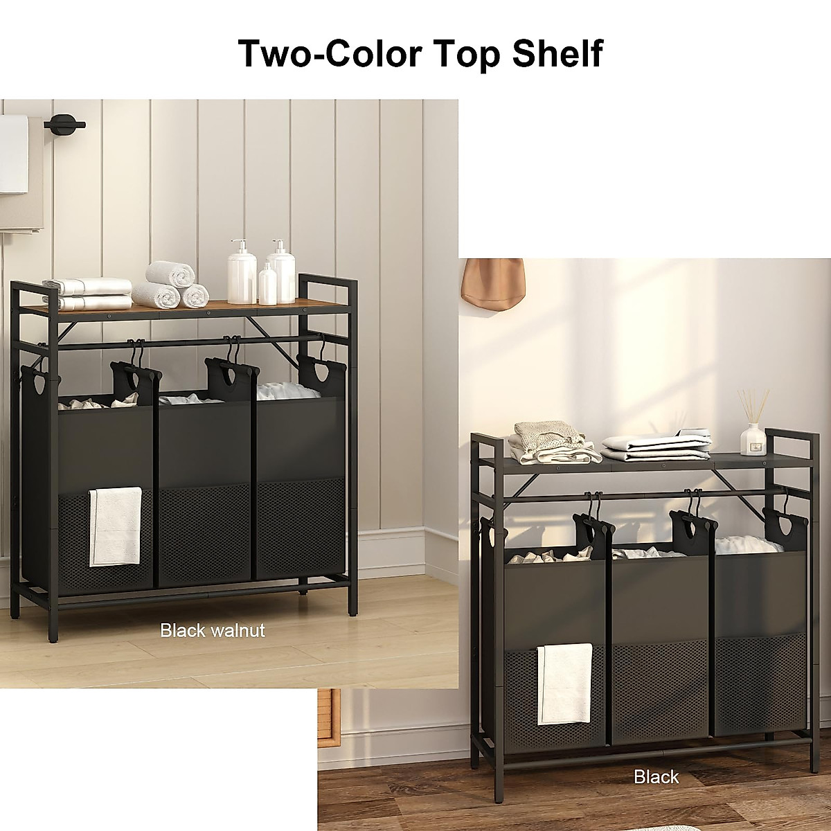 LAATOOREE Tall Laundry Hamper with Top Shelf, Laundry Basket with 3 Removable Laundry Sorter Bags, 3 Compartment Clothes Hamper for Laundry Room, Bedroom