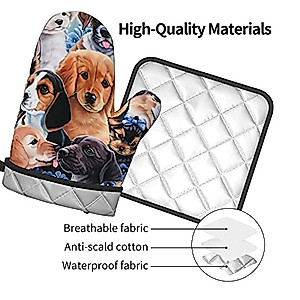 Puppy Collage Oven Mitts and Pot Holders Sets Heat Waterproof Oven Gloves for Kitchen Baking Camping Grilling