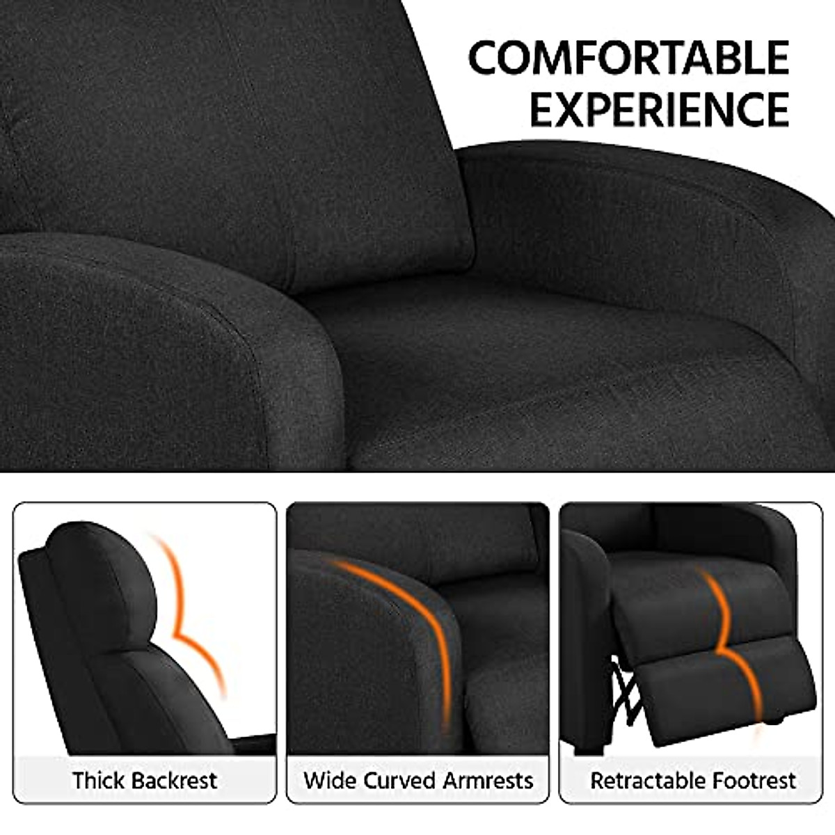 Yaheetech 2-Seat Fabric Pushback Recliner Chair with Thick Seat Cushion and Backrest Reclining Chair for Living Room Home Theater Matte Black