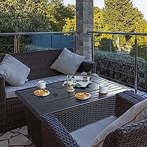 Kozyard Outdoor Patio Propane Gas Fire Pit Table - 50,000 BTU Wicker Design with Aluminum Tabletop, Glass Wind Guard, Clear Glass Rocks, and Slide Out Tank Holder - Ideal Patio Fire Table (Gray)