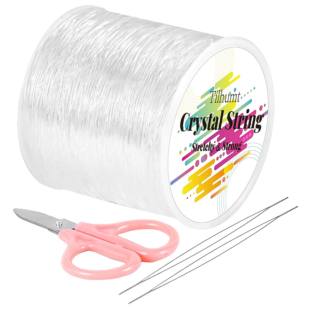 Tilhumt 1mm Elastic String, 328Feet Stretchy Bracelet Crystal String with 2 Beading Needles and 1 Scissors for Beading and Jewelry Making