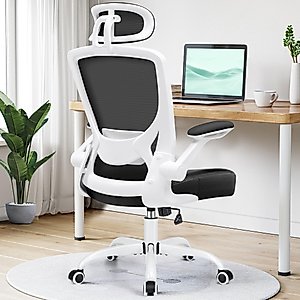 KERDOM Ergonomic Office Chair, Breathable Mesh Desk Chair, Lumbar Support Computer Chair with Headrest and Flip-up Arms, Swivel Task Chair, Adjustable Height Gaming Chair, White