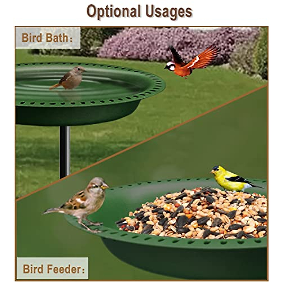 Garbuildman Upgraded 5-Prong Base Bird Bath with Metal Stake, Detachable Decoration Bowl Spa & Freestanding Birdfeeder for Outdoor Garden, Oval Style, Green