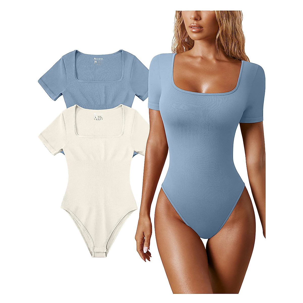 OQQ Women's 2 Piece Bodysuits Sexy Ribbed One Piece Square Neck Short Sleeve Bodysuits Blue Beige