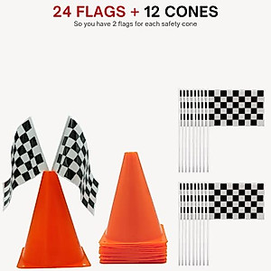 38 Pcs Set - 12 Traffic Cones With Hole on Top, 24 Checkered Flags, Racetrack Floor Runner - for For Race Car Birthday Party Supplies, Table Centerpiece Decorations for Kids by 4E's Novelty