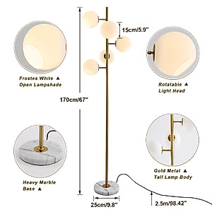 BOKT Gold Mid Century Modern Floor Lamp 5-Lights Glass Globe Floor Lamp Antique Brass Floor Lamps Contemporary Tall Free Standing Reading Lamp for Bedroom Living Room