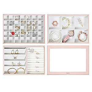 Vee Stackable Jewelry Tray for Drawer, High-Capacity Jewelry Drawer Dresser Storage Organizer for Earring, Ring, Necklace(3 pack with lid, Pink)