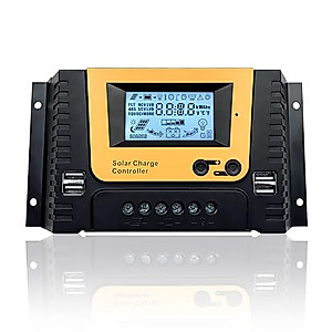 30amp Solar Charge Controller 12V 24V 36V 48V Auto,PWM Solar Controller 30A with Backlit Display, Temperature Sensor,4 USB Ports, Fit for MAX 1560W Solar Panels Gel Sealed Flooded and Lithium Battery