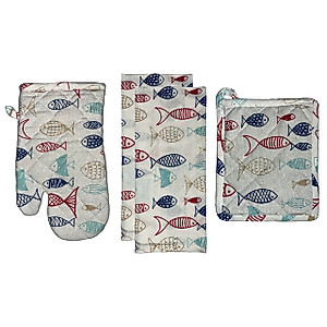 Set of 4, 100% Cotton, Coastal Nautical Fish Design, Kitchen Towel Set, Include 2 Kitchen Towels, 1 Pot Holder & 1 Ovenmitt