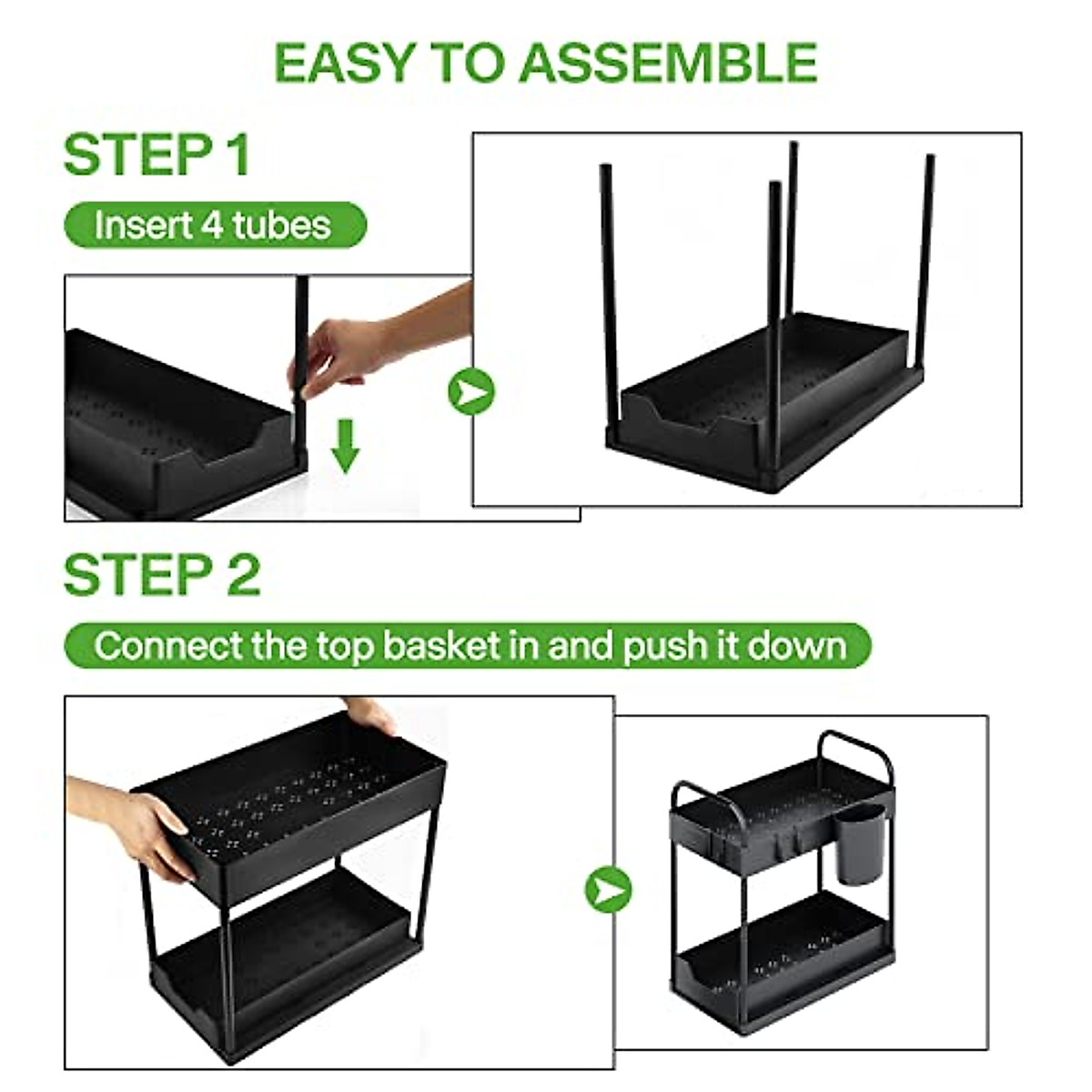 2 Pack Under Sink Organizers and Storage, Cabinet Organizer with Sliding Drawers, Bathroom Organizer, Multi-purpose Under Kitchen Sink Storage Shelf with Handles, 4 Cups and 8 Hooks, (Black)