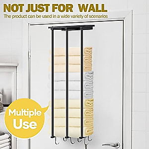 Towel Racks for Bathroom Wall Mounted, MOOACE 3 Bar Adhesive Rolled Towel Holders with Wood Top and 6 Hooks,Metal Bathroom Organizer for Folded Large Towel Washcloths - Black
