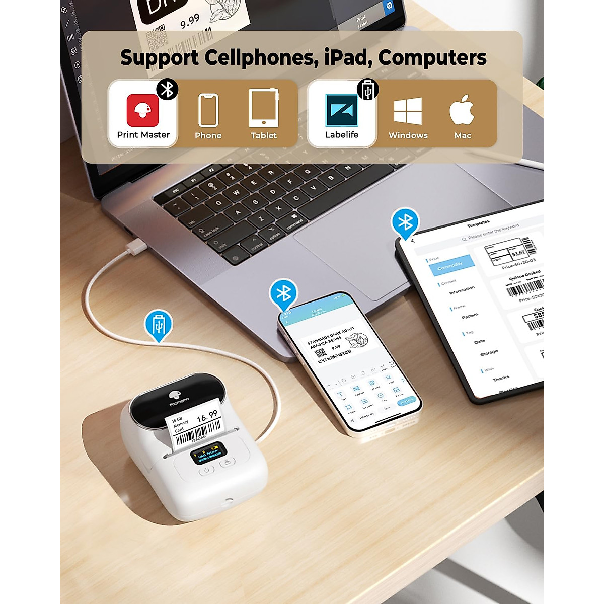 Phomemo M110 Label Printer - Bluetooth Portable Label Maker No Ink, Mini Barcode Label Printer for Retail, Address, Barcode, Home, for PC/Mac, iOS/Android with 3pack Most Used Labels, Snow White