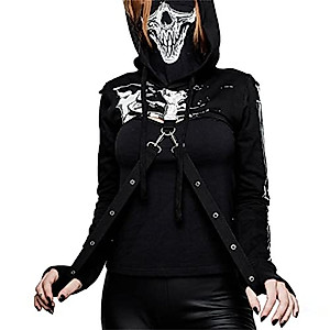 XCJIKUKE Gothic Hoodies Skeleton Sweatshirt Punk Halloween Crop Tops Long Sleeve For Women Goth Mask Sexy Rave Outfit Festival Clothing