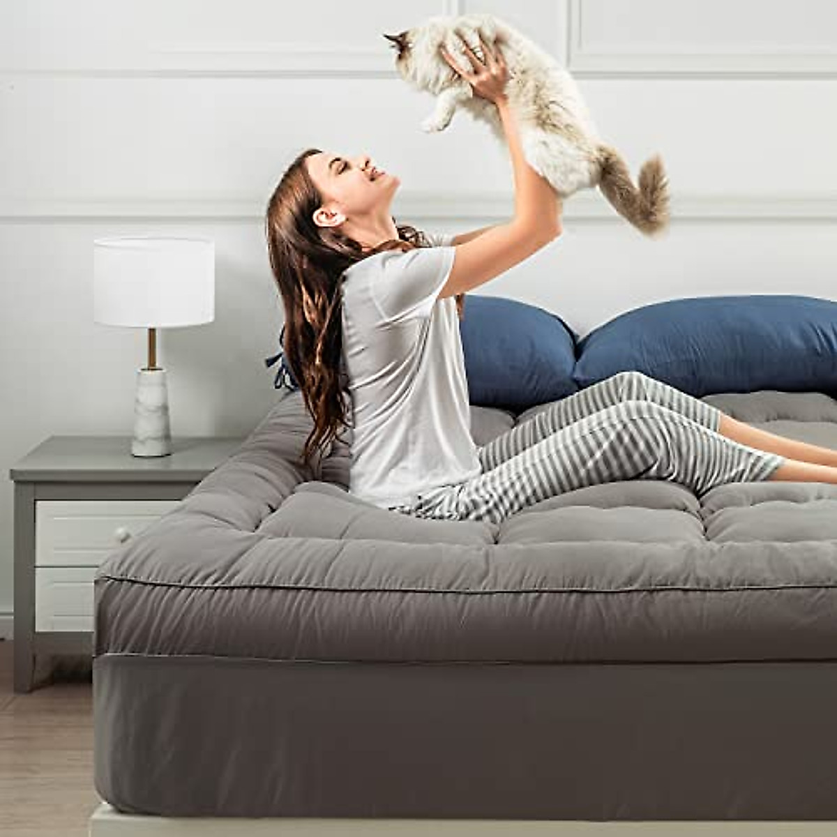 Marine Moon Full Mattress Topper, Cooling Bed Topper Mattress Pad Cover,Thick Plush Pillow Top Mattress Topper for Back Pain Relief, Soft Down Alternative Toppers with Deep Pocket, Grey