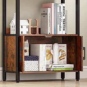 Furologee Bookshelf and Bookcase with Doors, Tall 61" Free Standing Display Shelving Units with 4-Tier Shelves, Industrial Storage Cabinet for Home Office, Living Room, Bedroom, Bathroom, Rustic Brown