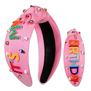 YAHPERN Birthday Headband for Women Beaded It’s My Birthday Knotted Headband Embellished Rhinestone Crystal Top Knot Headband Birthday Crown Hair Accessories Party Decorations Gifts